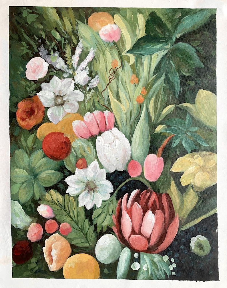 Original Oil Painting on Canvas, Abstract Green Flowers Painting, Large ...