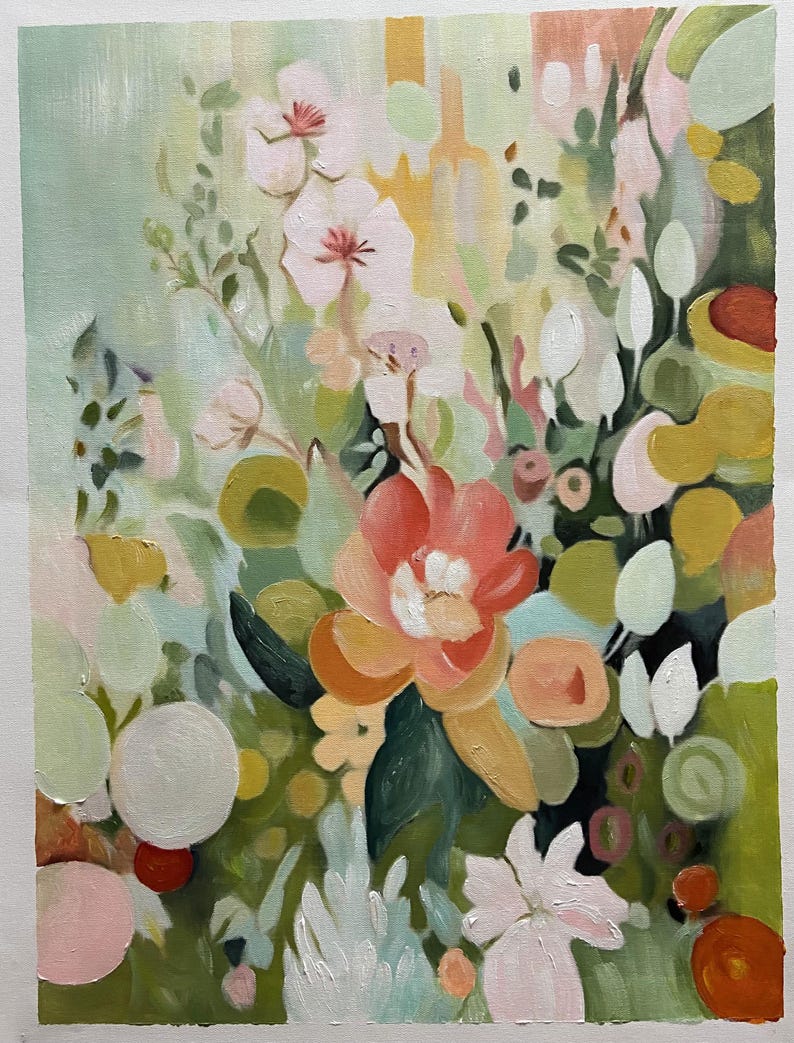 Original Oil Painting on Canvas, Abstract Green Flowers Painting, Large ...