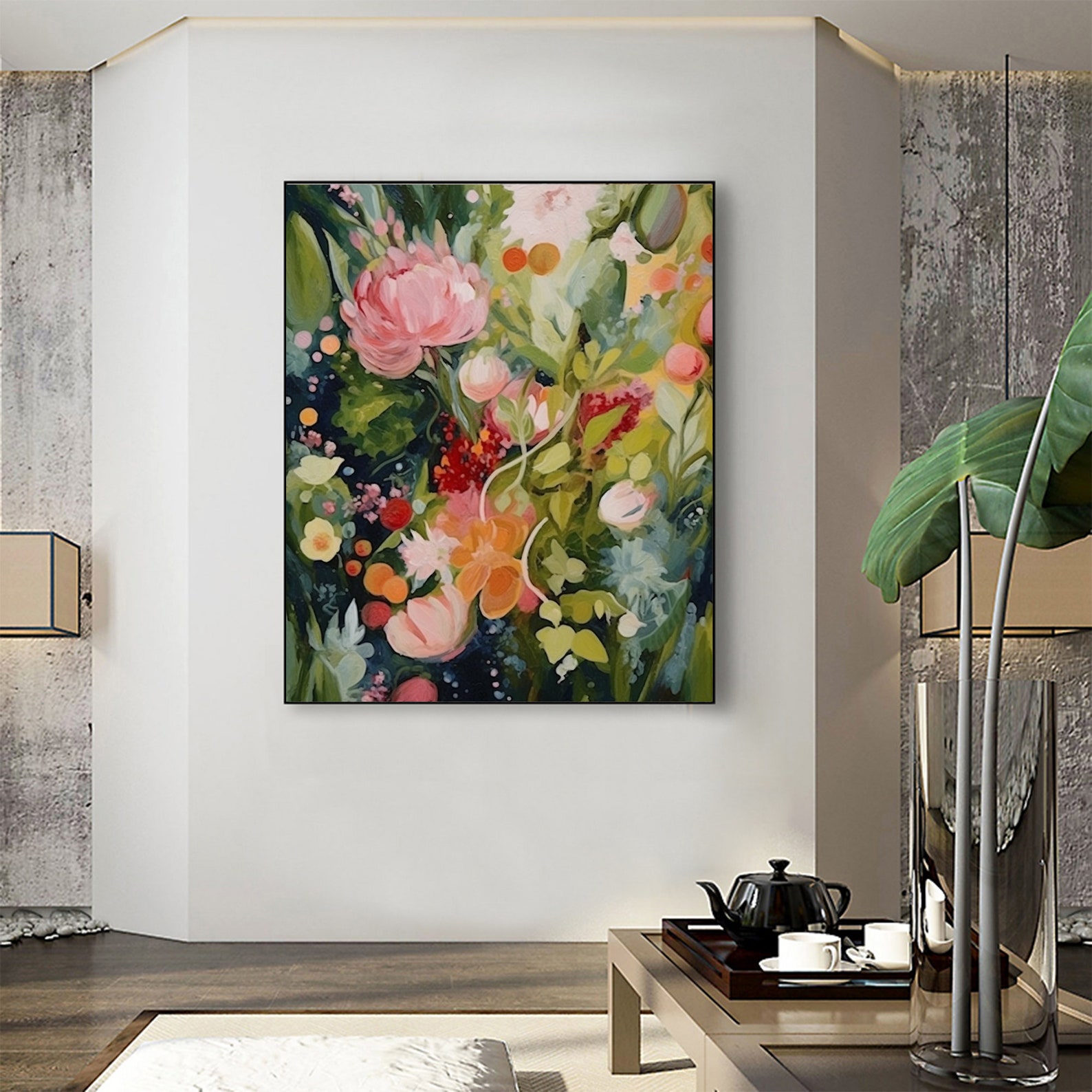 Original Green Flower Oil Painting on Canvas, Abstract Floral Painting ...