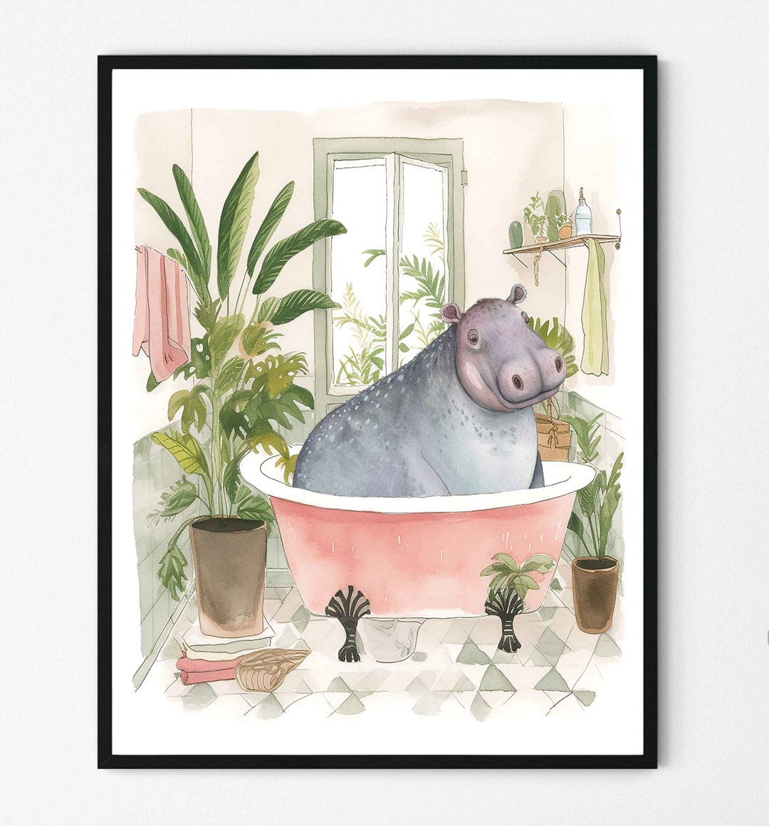 Hippo Bathroom Botanical Art Print Poster, Hippo Wall Art Tropical Boho ...