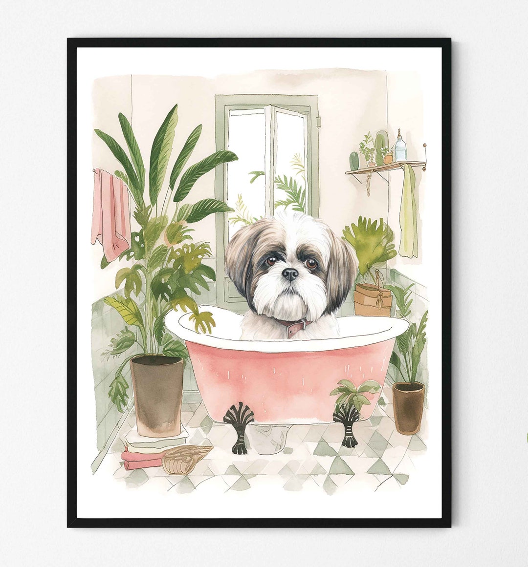 Shih Tzu Decor Bathroom Botanical Art Print Poster, Shih Tzu Decor Wall ...