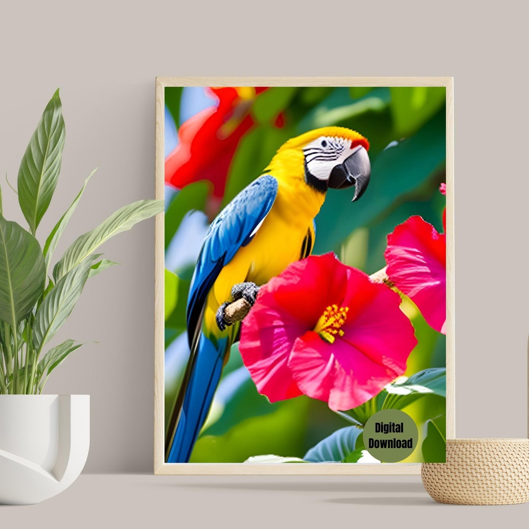 Vibrant Beauty in Flight: Macaw Parrot With Vivid Pink Hibiscus ...