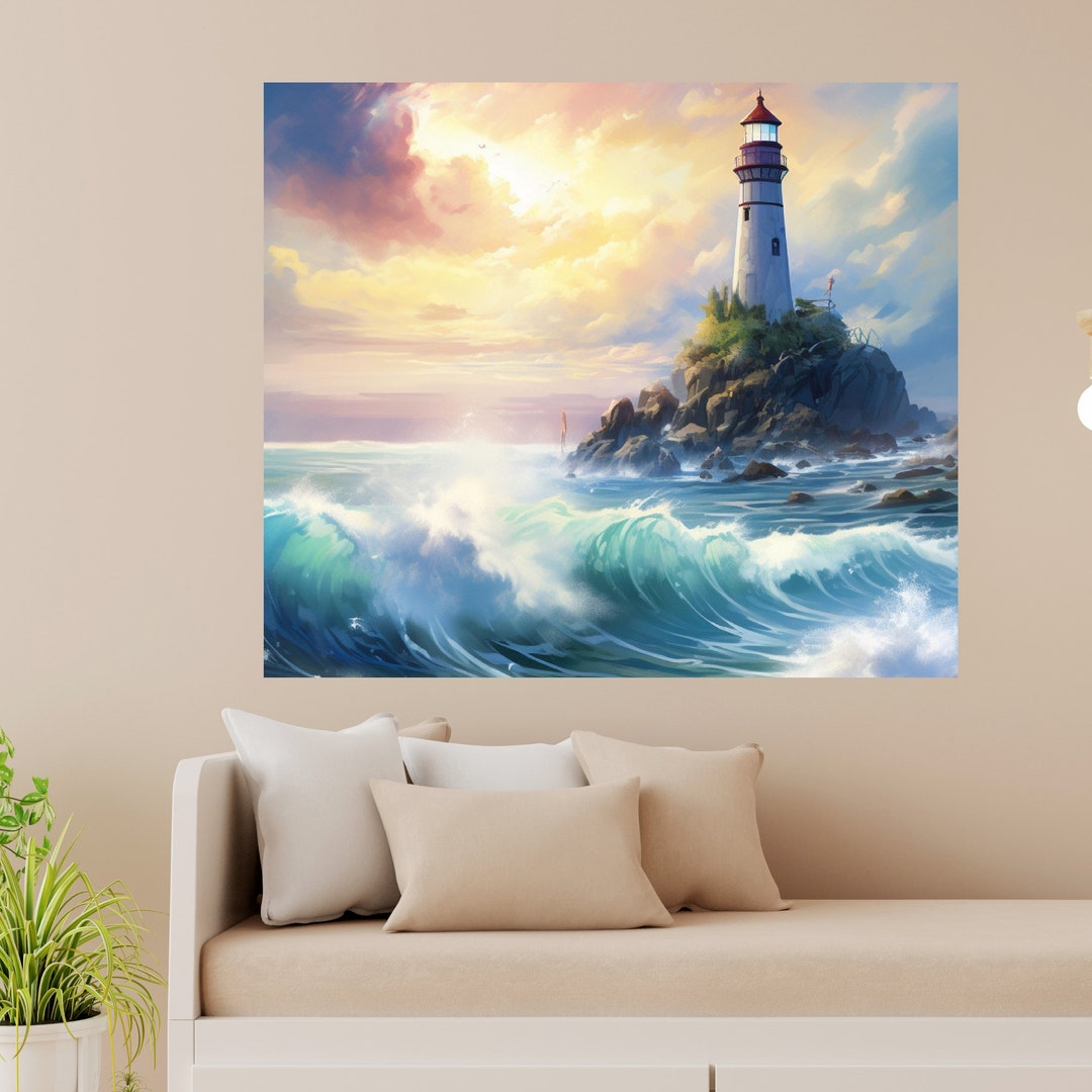 Lighthouse Digital Wall Art Work, Teal Blue Waves, Golden Sun, Home ...