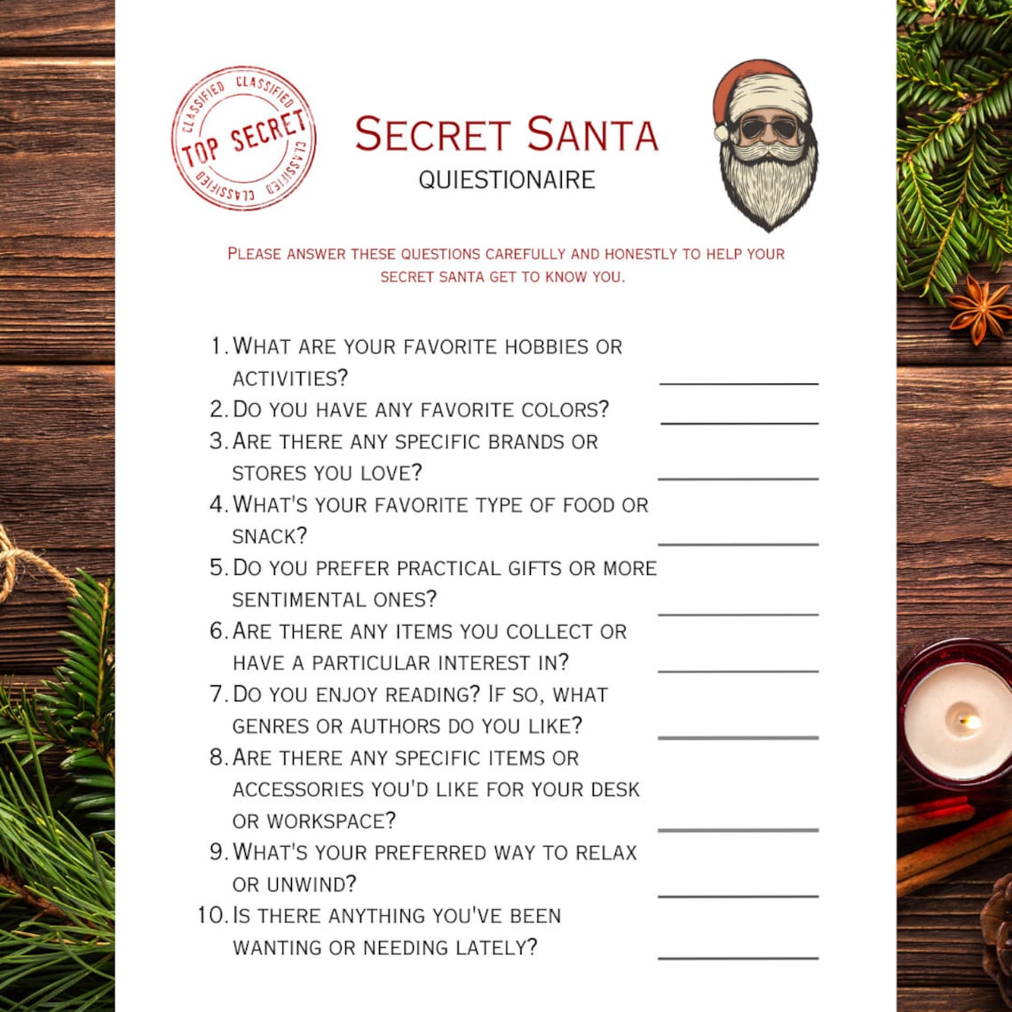 Secret Santa Questionnaire Digital Download, Printable PDF | Secret ...