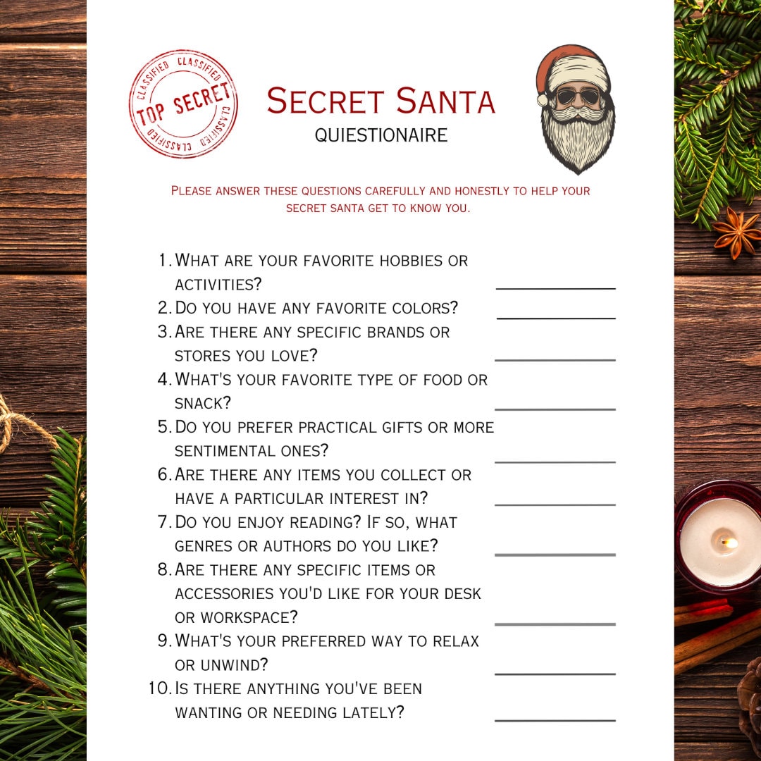 Secret Santa Questionnaire Digital Download, Printable PDF | Secret ...