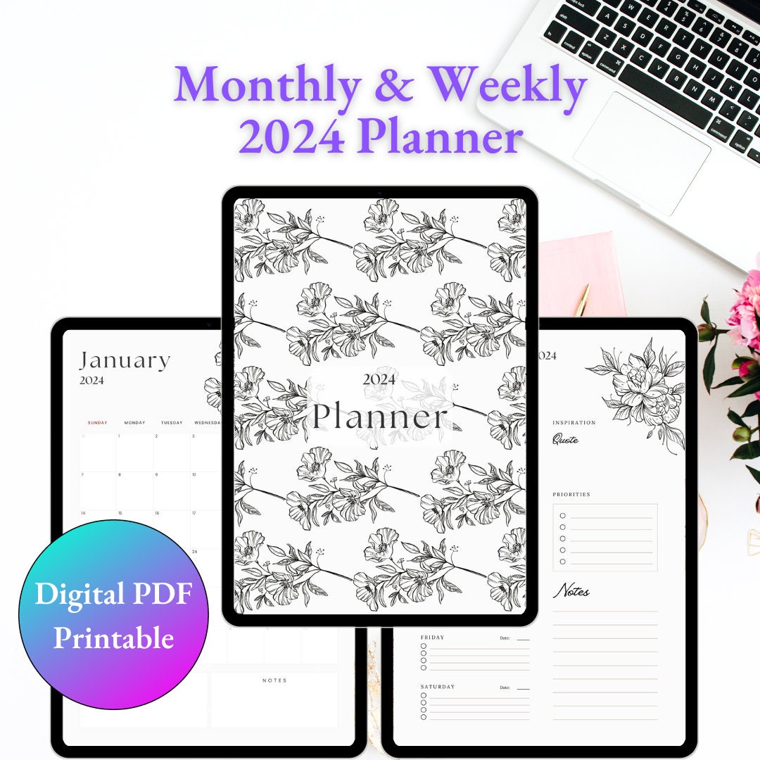 Minimalist 2024 Monthly & Weekly Planner | Black and White Floral ...