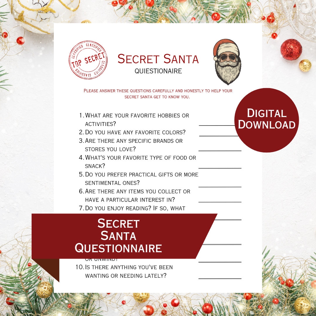Secret Santa Questionnaire Digital Download, Printable PDF | Secret ...