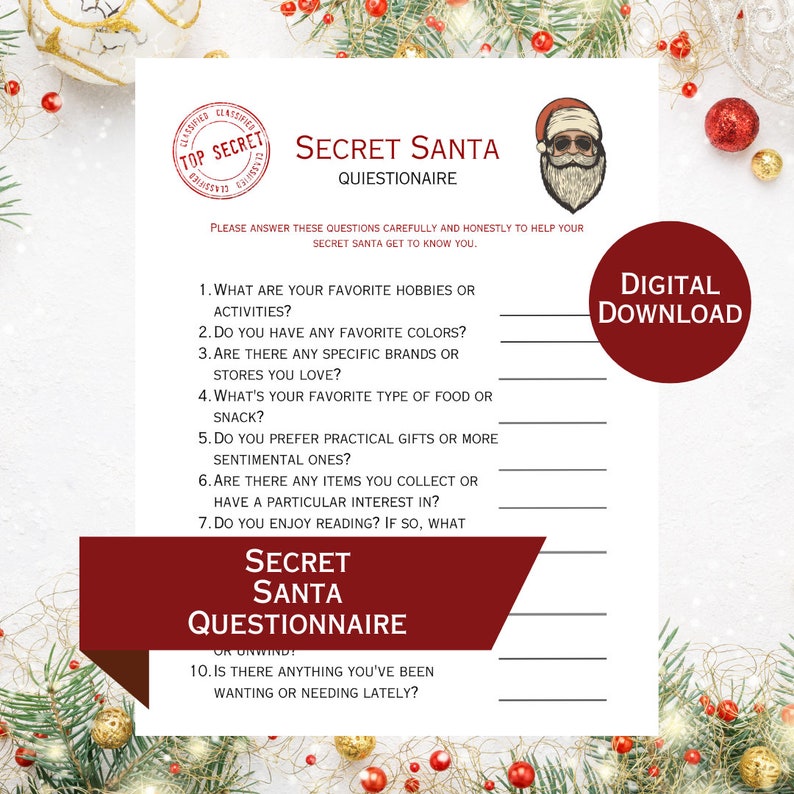 Secret Santa Questionnaire Digital Download, Printable PDF | Secret ...