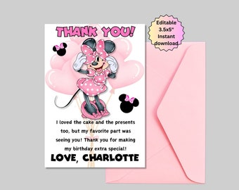 Editable Pink Minnie Mouse Thank You Card, Thank You Cards, Thank You ...