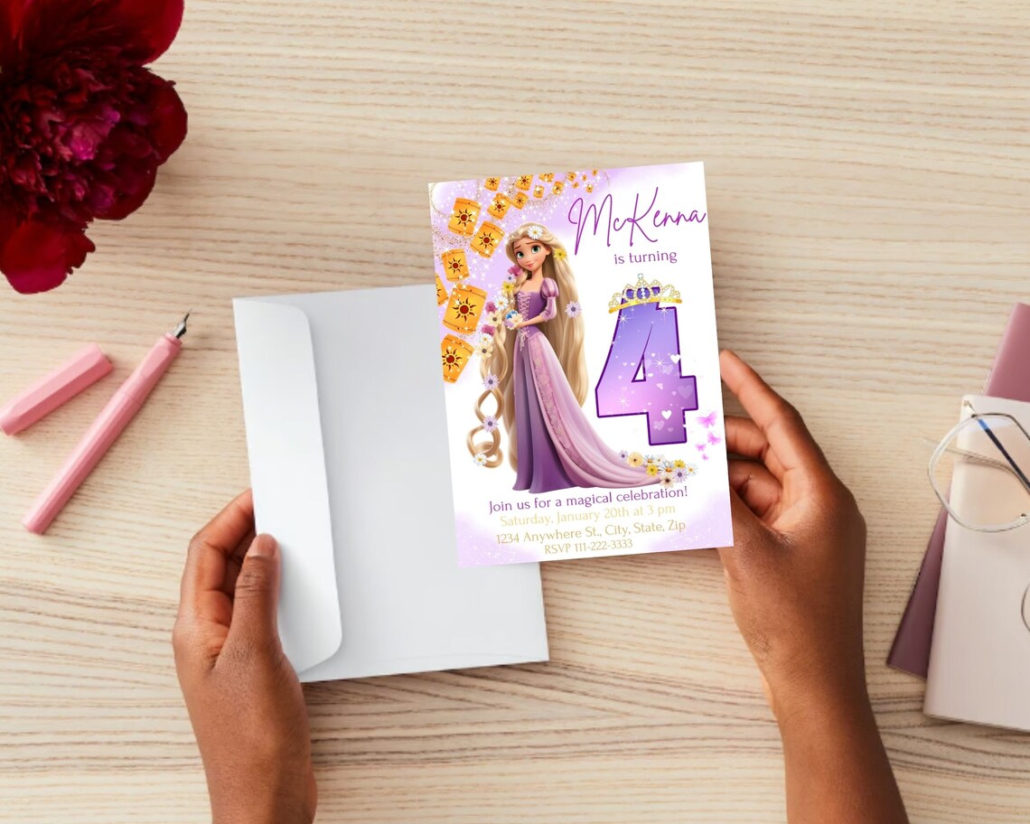 Rapunzel 4th Birthday Invitation, Custom Birthday Invitation Template ...