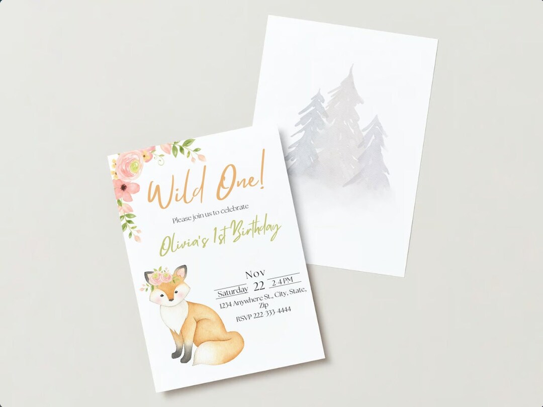 Fox Birthday Invitation, Wild One Birthday Invitation Girls, Editable ...