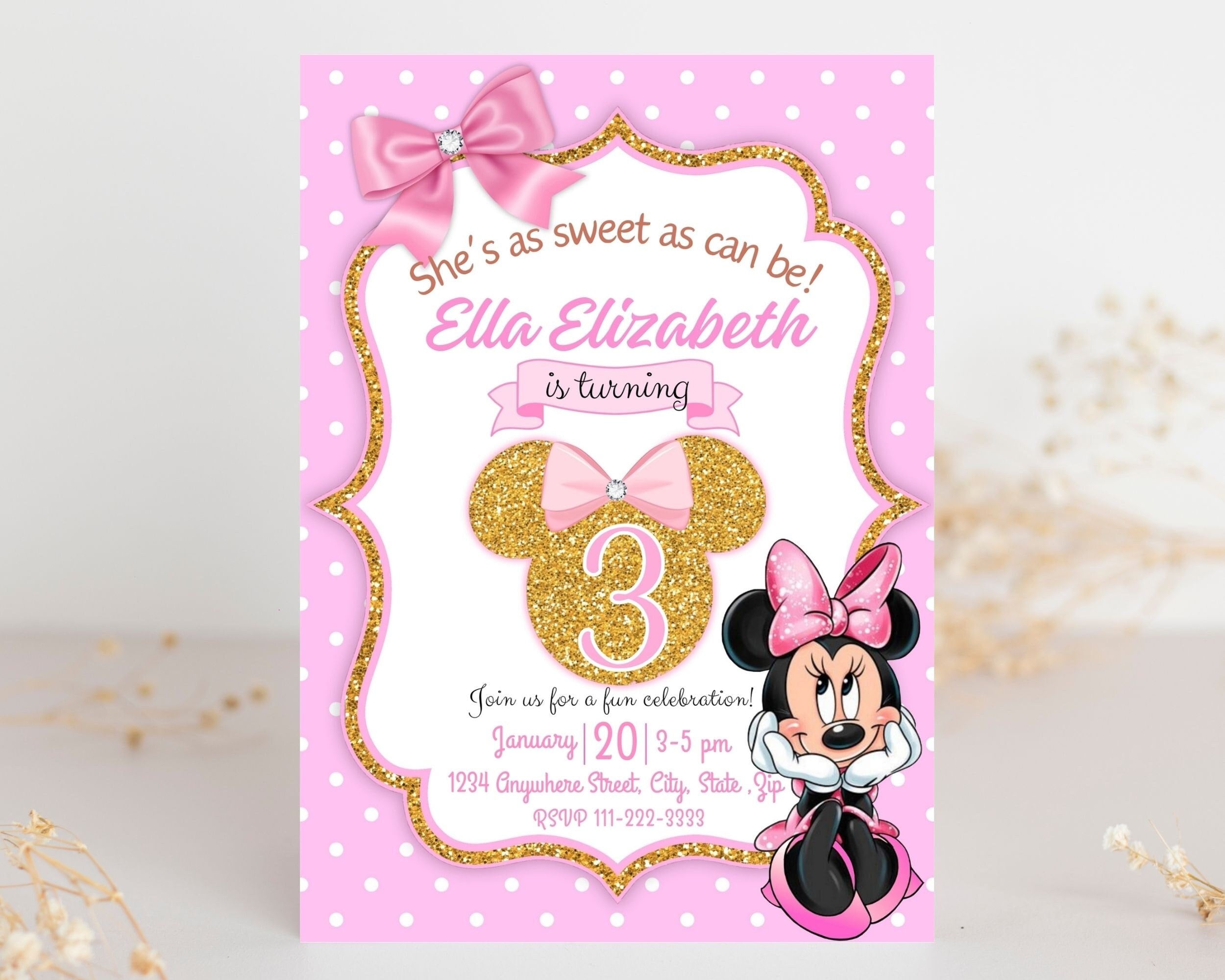 Invitación de cumpleaños editable de Minnie Mouse rosa claro ...