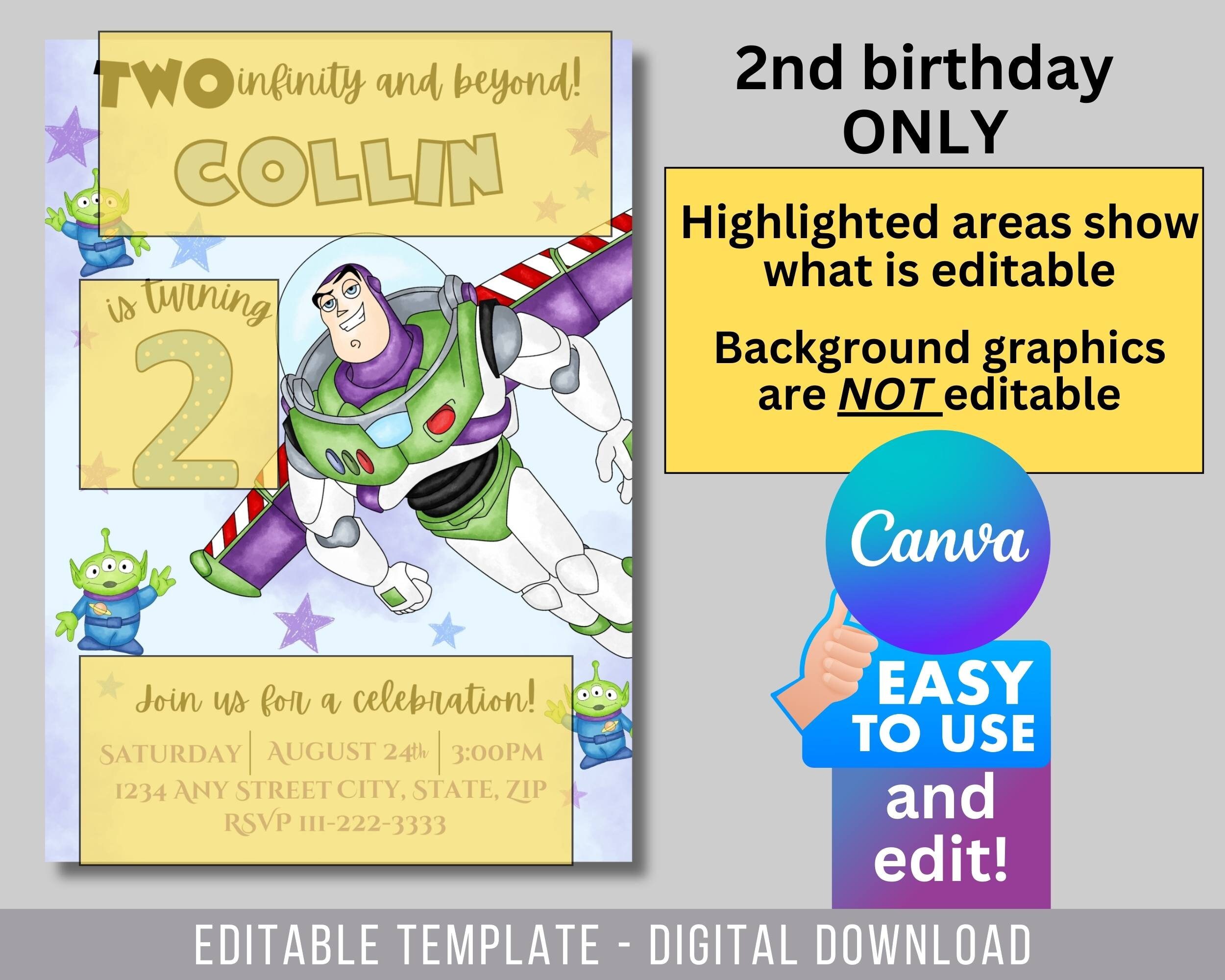 Buzz Lightyear 2nd Birthday Invitation, Watercolor Toy Story Printable ...