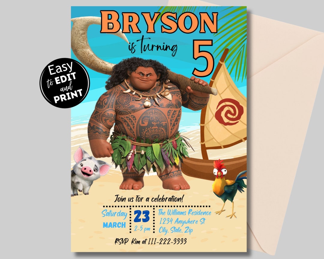 Editable Moana Maui Birthday Invitation, Summer Birthday Invitation ...