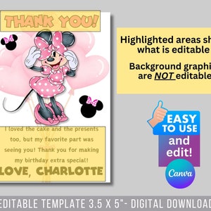 Editable Pink Minnie Mouse Thank You Card, Thank You Cards, Thank U ...