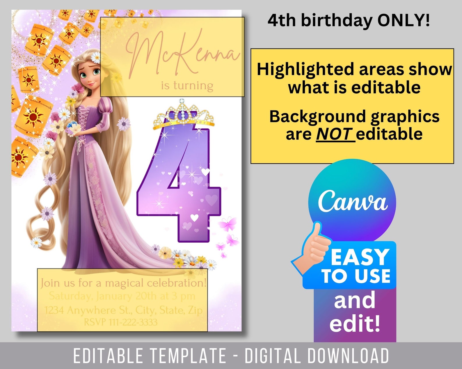 Rapunzel 4th Birthday Invitation, Custom Birthday Invitation Template ...