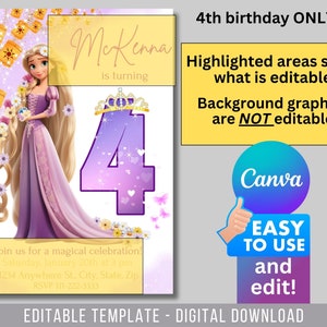 Rapunzel 4th Birthday Invitation, Custom Birthday Invitation Template ...