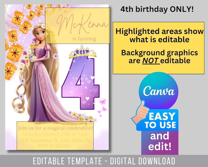 Rapunzel 4th Birthday Invitation, Custom Birthday Invitation Template ...