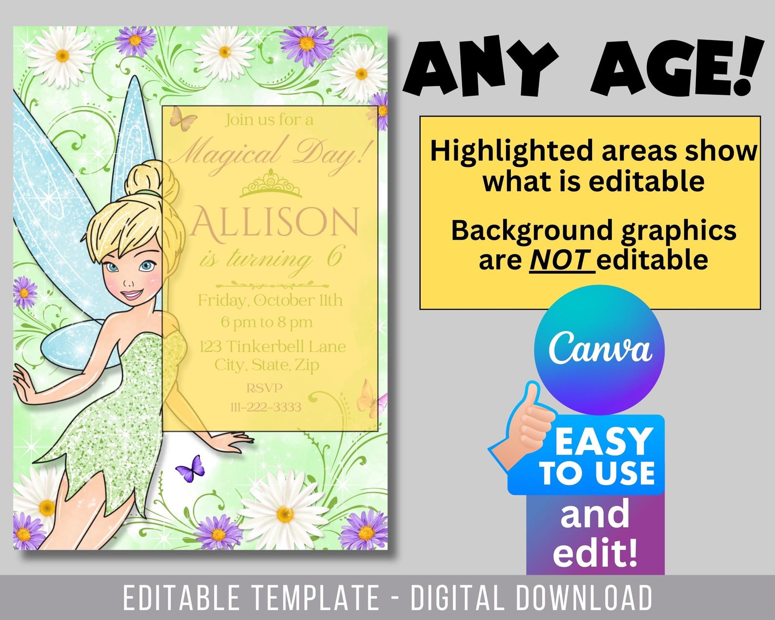 Tinkerbell Birthday Invitation Editable Fairy Invite Once Upon A Time ...