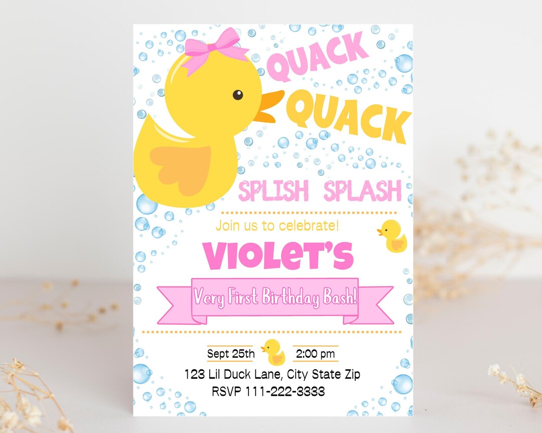 Pink Rubber Duckie Birthday Invitation Editable Text Evite 1st Birthday ...