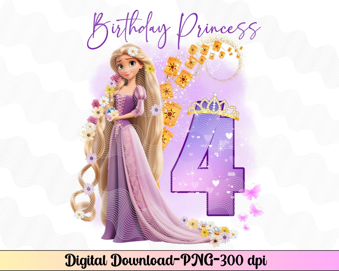 4th Birthday Tangled PNG, Birthday Princess Iron On, Happy 4th Birthday ...
