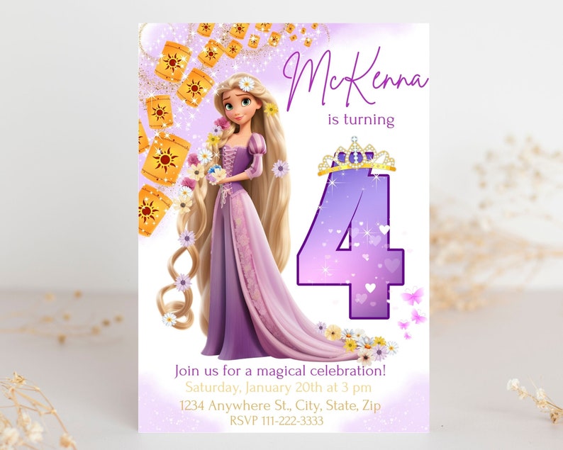 Rapunzel 4th Birthday Invitation, Custom Birthday Invitation Template ...