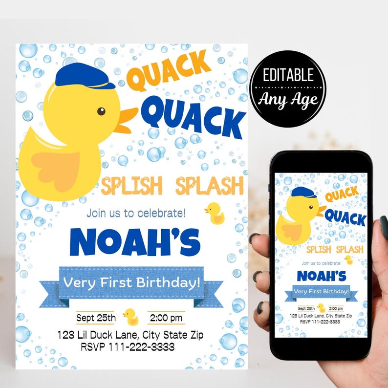Rubber Duckie Birthday Invitation Editable Text Evite 1st Birthday Duck ...