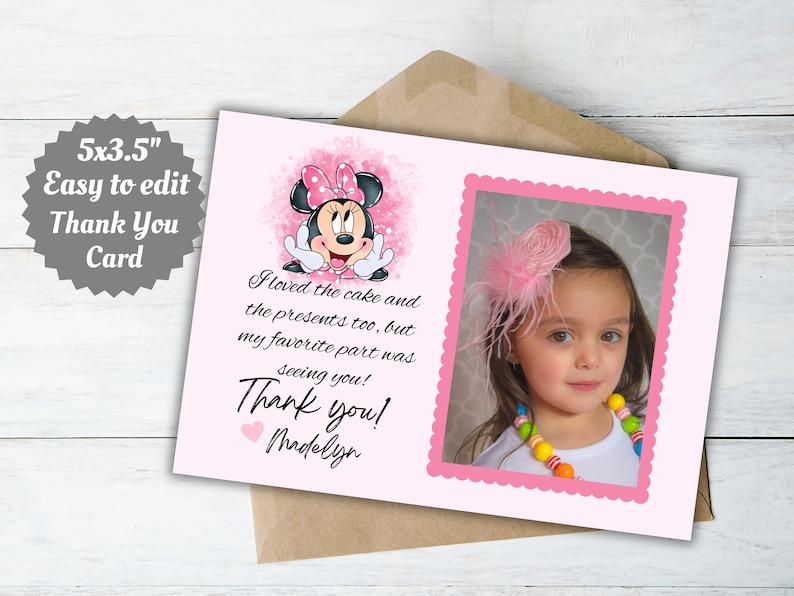 Editable Pink Minnie Mouse Thank You Card Thank You Cards - Etsy