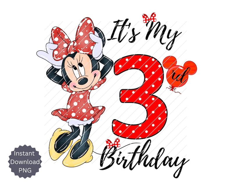 Minnie Mouse 3rd Iron on Heat Transfer, 3rd Birthday PNG, Minnie ...