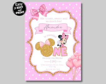 Editable Pink Minnie Mouse Birthday Invitation, Watercolor Girls ...
