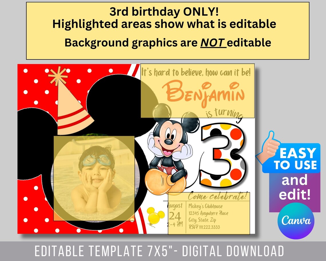 Mickey 3rd Birthday Photo Invitation, Mickey Birthday Invitation ...