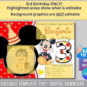 Mickey 3rd Birthday Photo Invitation, Mickey Birthday Invitation ...