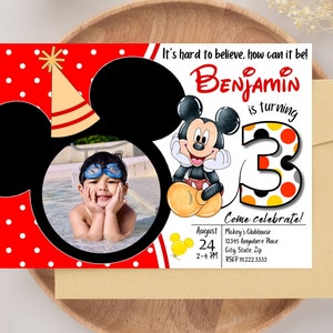 Mickey 3rd Birthday Photo Invitation, Mickey Birthday Invitation ...