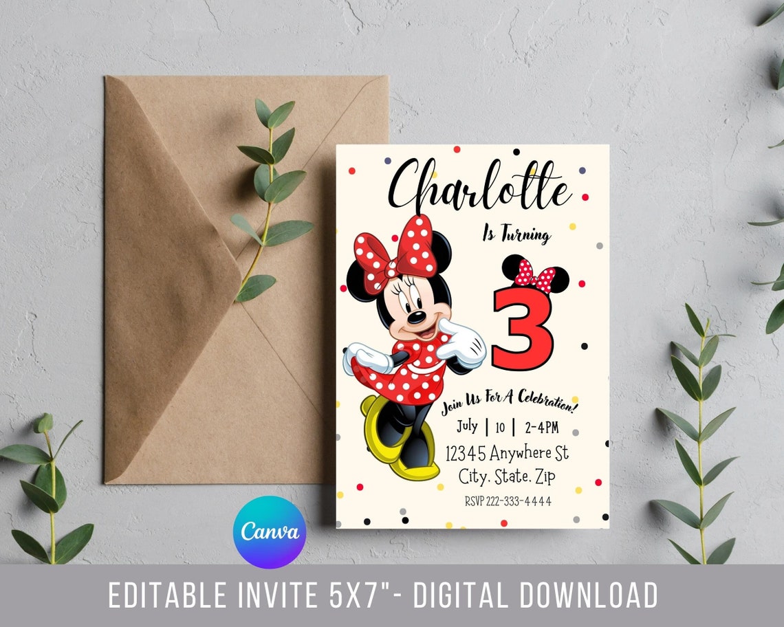 Red Minnie Mouse Birthday Invitation Printable Birthday - Etsy