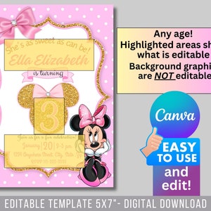 Invitación de cumpleaños editable de Minnie Mouse rosa claro, invitación de cumpleaños para ...