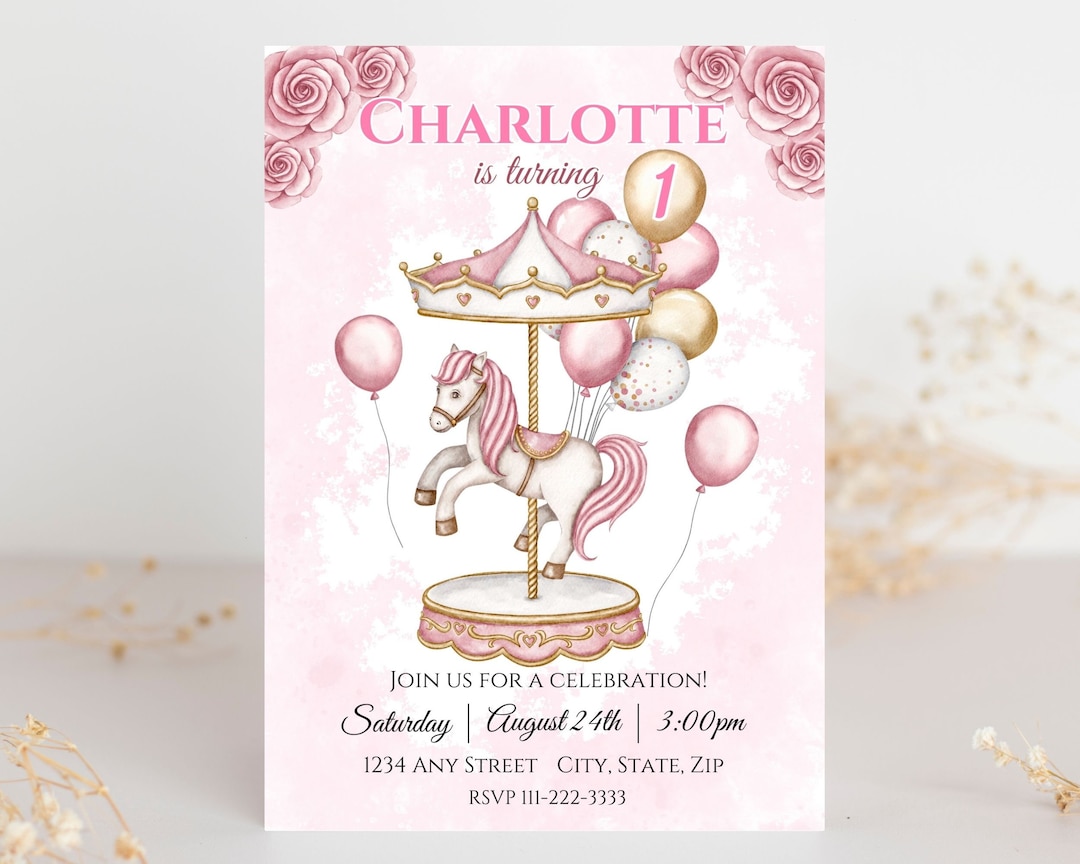 Editable Carousel Birthday Invitation, Watercolor Invitation Girls ...