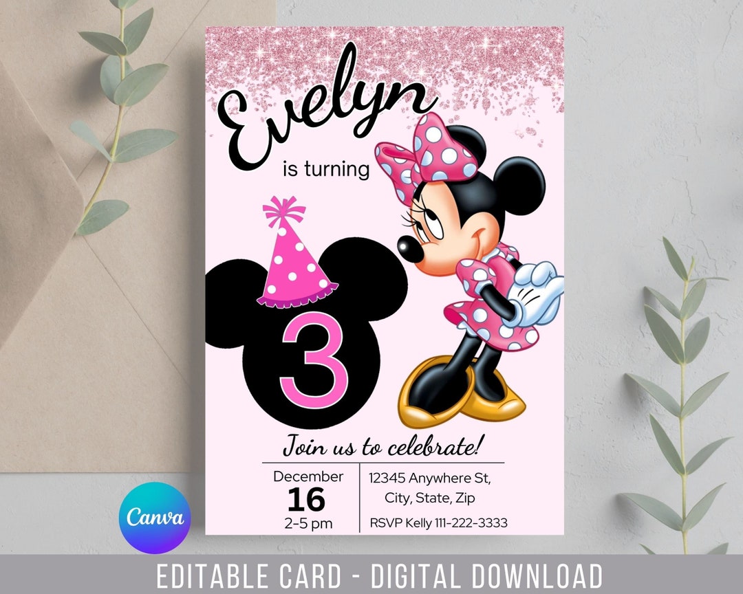 Pink Minnie Mouse Birthday Invitations for Girls, Minnie Mouse ...