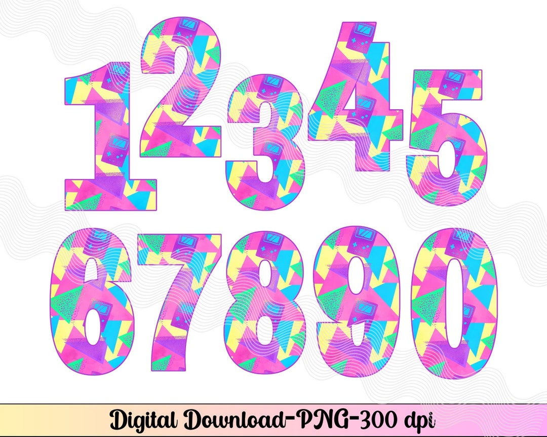 Retro 80's Numbers PNG, Birthday Numbers 0-9 PNG, Iron on Numbers ...