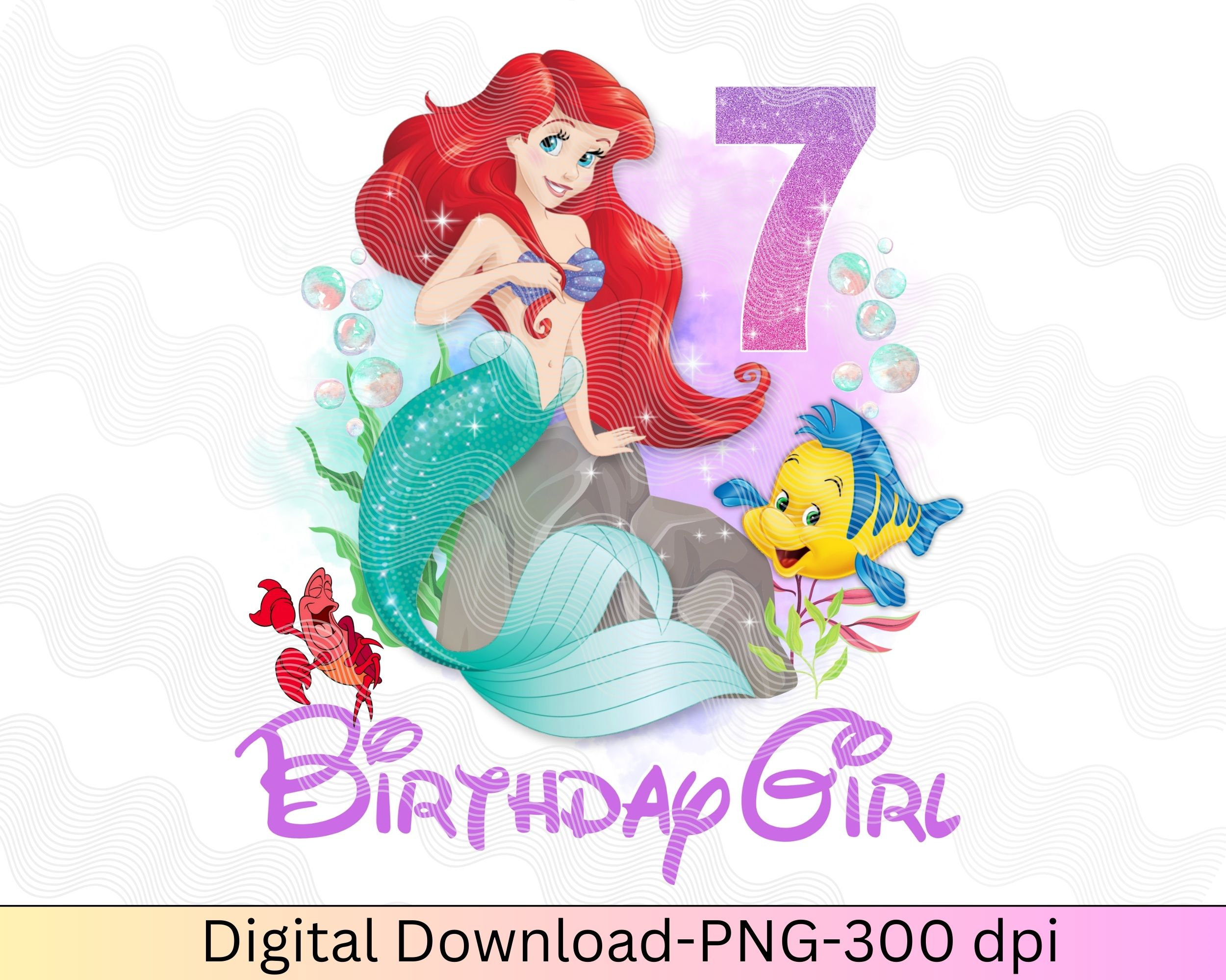 Princess Ariel 7th Birthday Family Iron On, Birthday Girl Family Bundle ...