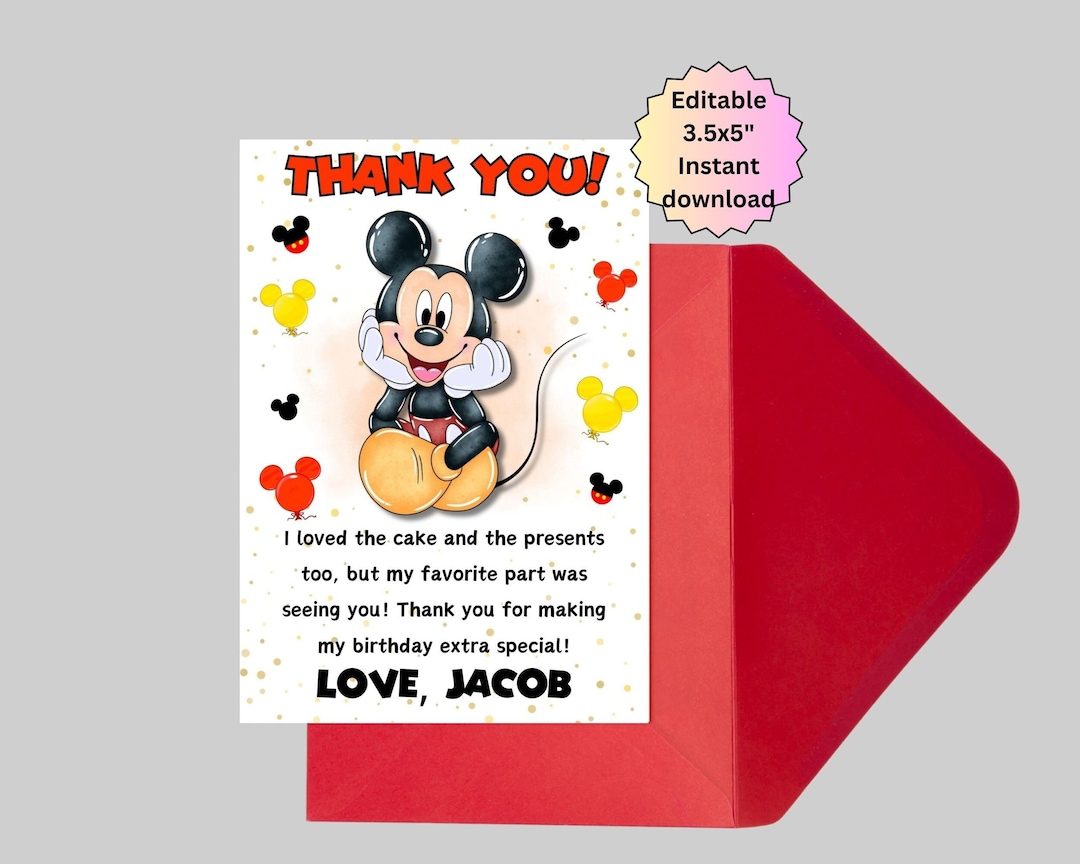 Editable Red Mickey Mouse Thank You Card, Thank You Cards, Thank You ...
