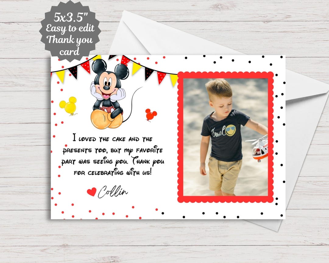 Editable Mickey Mouse Thank You Card, Thank You Cards, Thank You Card ...