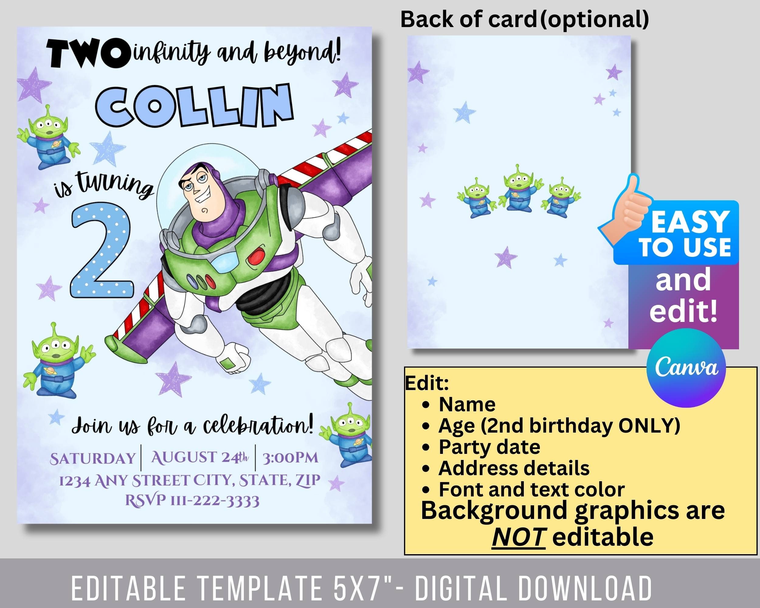 Buzz Lightyear 2nd Birthday Invitation, Watercolor Toy Story Printable ...