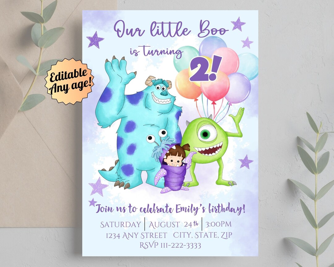 Editable Monsters Inc Birthday Invitation, Summer Birthday Invitation ...