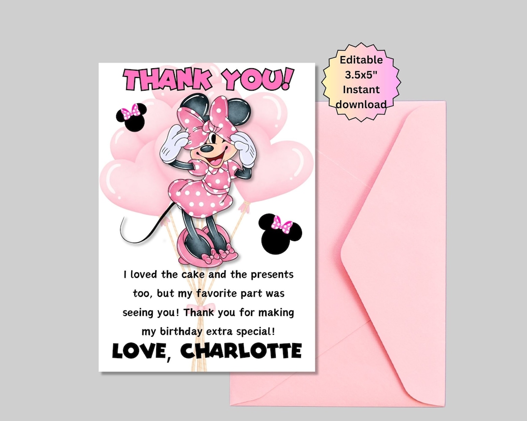 Editable Pink Minnie Mouse Thank You Card, Thank You Cards, Thank U ...