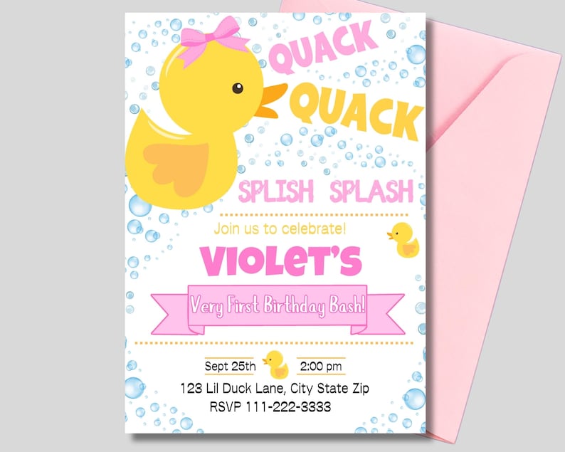 Pink Rubber Duckie Birthday Invitation Editable Text Evite 1st Birthday ...
