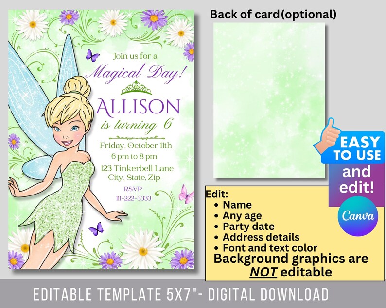 Tinkerbell Birthday Invitation Editable Fairy Invite Once Upon A Time ...
