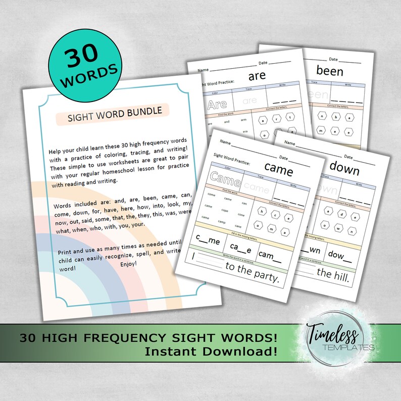Kindergarten - 30 Sight Words - Worksheets - Etsy