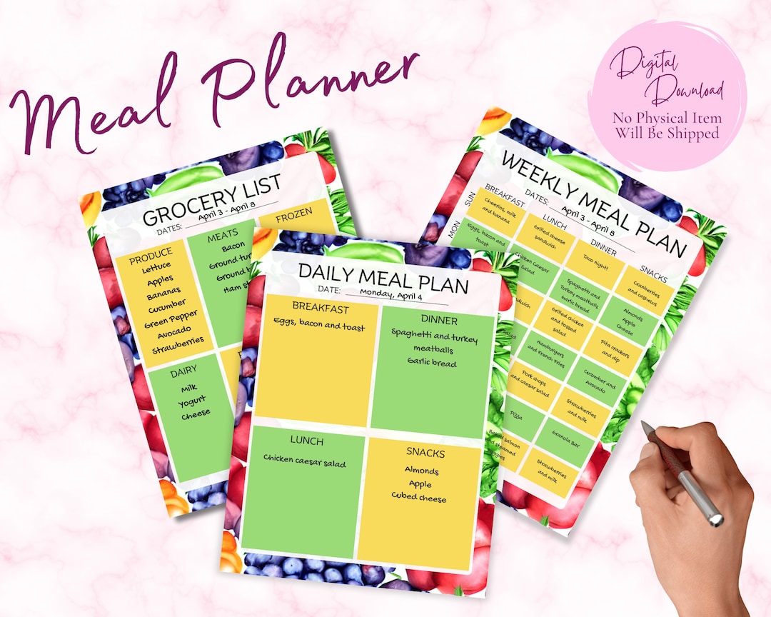 Colourful Meal Planner, Printable Meal Planner, Digital Grocery List ...