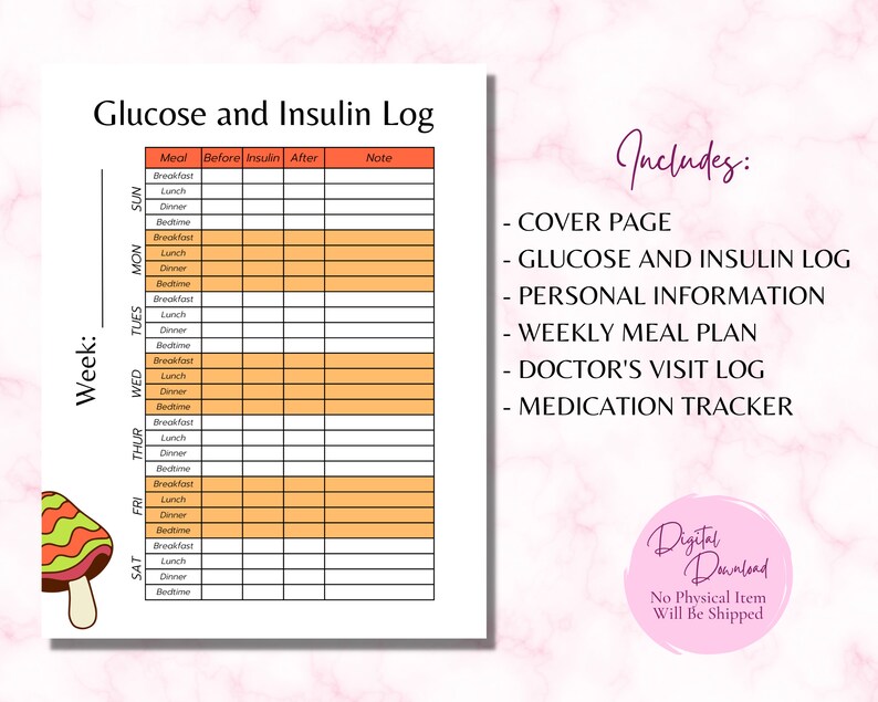 Mushroom Diabetes Journal, Diabetic Log Sheets, Diabetes Log Book ...