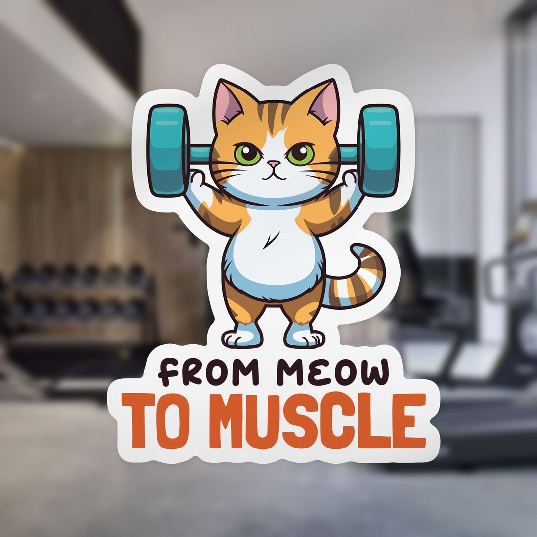 Meow to Muscle Sticker Funny Cat Sticker Gym Stickers Cartoon - Etsy